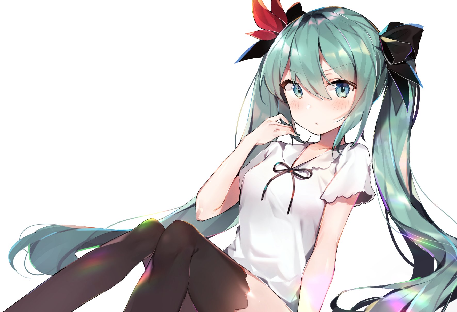 Safebooru - 1girl aqua eyes aqua hair black legwear black ribbon blush eyebrows visible through ...